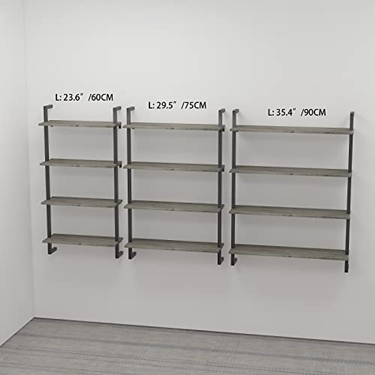 Kiimeey 4-Shelf Bookshelf Wall Mount Bookcase Floating Industrial Shelf (L35.4 Oyster Grey)