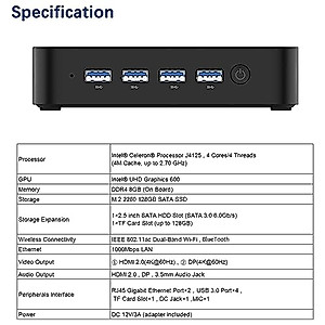 Mini PC GK41 Mini Desktop Computers 8GB DDR4 128GB SSD Intel Celeron J4125 Processor Dual LAN Mini PC, Digital Mic, Business Small PC 4K HDMI/DisplayPort HTPC, Dual Band Wi-Fi Micro PC