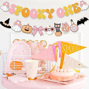 Groovy Spooky One Birthday Decorations Girl, Glitter Spooky One Banner, Pink Hippie Halloween 1st Birthday Party Decorations, Retro Groovy Coquette Halloween First Birthday Party Supplies