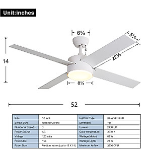 FINXIN Indoor Ceiling Fan Light Fixtures Remote LED 52 White Ceiling Fans for Bedroom,Living Room,Dining Room Including Motor,4-Blades,Remote Switch
