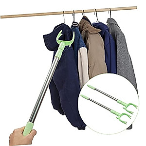 Alipis 2pcs Clothes Pole Metallic Curtains Mainstays Hangers Wall Hangers for Clothes High Reach Garment Hook Closet Reacher Pole Household Clothes Fork Stainless Steel Green Tie Rod Disc