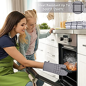 Oven Mitts and Pot Holders Set with Kitchen Towels and Dishcloths, 500 Degree Heat Resistant Oven Gloves and Hot Pads, Premium Soft Cotton Kitchen Hand Towels and Dish Cloth Sets Hanging Loop Gray