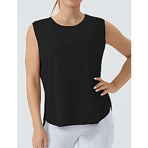 THE GYM PEOPLE Women's Workout Tank Tops Loose Fit Sleeveless Cotton Running Shirts Black
