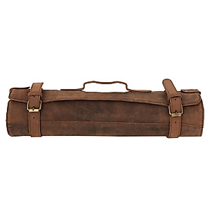 Chef's Knife Roll Case Heavy Duty Holds 12 Knifes Kitchen Storage Cutlery Carrier Zipper For Culinary Tools Easily Carried By Shoulder Straps For Professional Chef's Great Gift (Buff Leather)