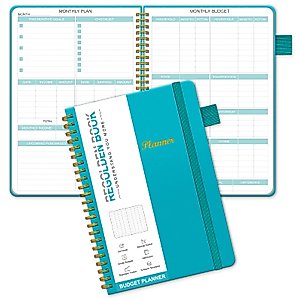 Regolden-Book Budget Planner - Undated Monthly Bill Organizer with Pockets, Hardcover Budget Book, Financial Planner & Accounts Book to Control Your Money. 12 Months-Teal, A5 Size(8.5''x6")