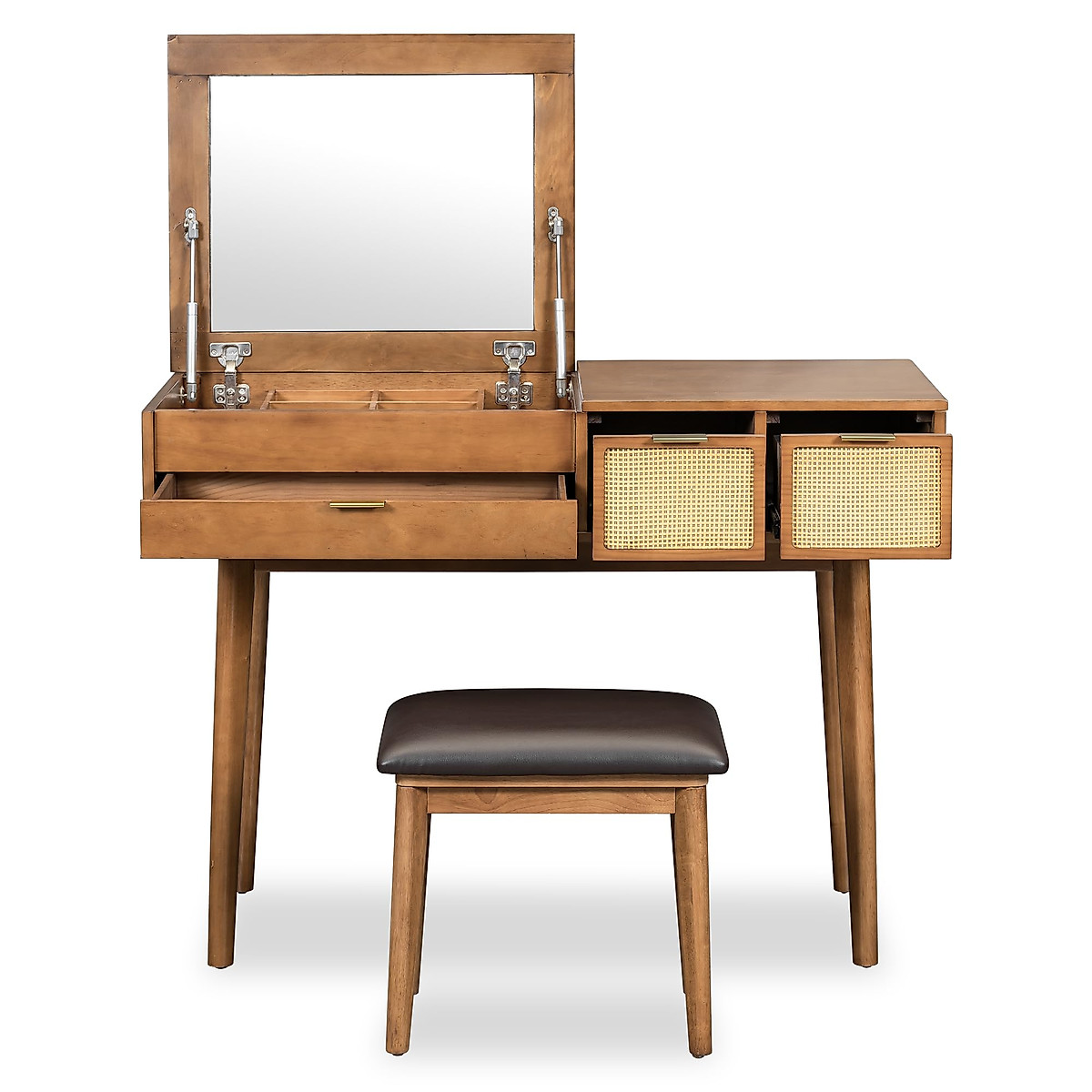 DOINUO 43.3" Wood Makeup Vanity Desk with Flip-top Mirror & Drawers, Vanity Dressing Table Set with Storage Space and Cushioned Stool, Vanity Makeup Desk Set for Bedroom Brown