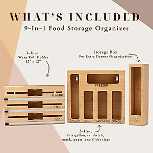 Worthy Willow Bamboo 9 in 1 Ziplock Bag, Aluminum Foil, and Plastic Wrap Organizer [IMPROVED DESIGN!]