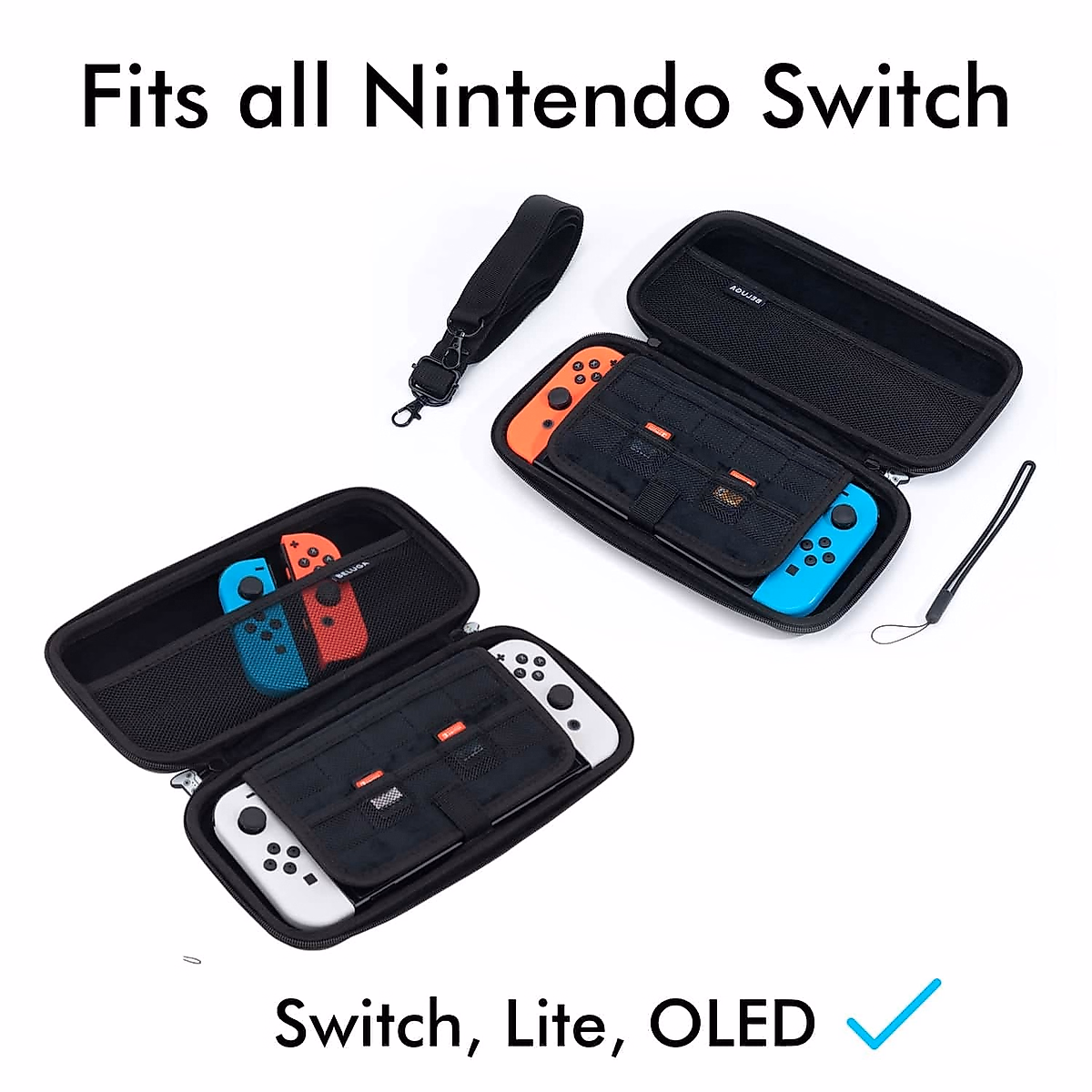 BelugaDesign Game Over Carrying Case | Retro Arcade Space Cool Kids Boys Travel Storage Wrist Shoulder Strap | Compatible with Nintendo Switch Standard Lite OLED (Black)