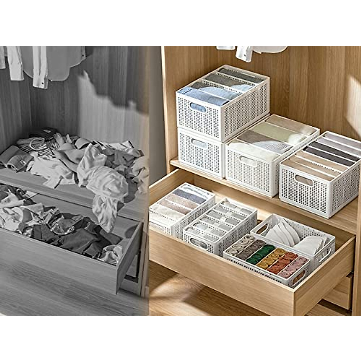 ChezMax Wardrobe Clothes Organizer, Upgraded PP Board Cabinet Closet Compartment Storage Baskets, White Washable Foldable Dividers Closet Drawer Bins for Underwear Socks Jeans, Small Size 6 Grids