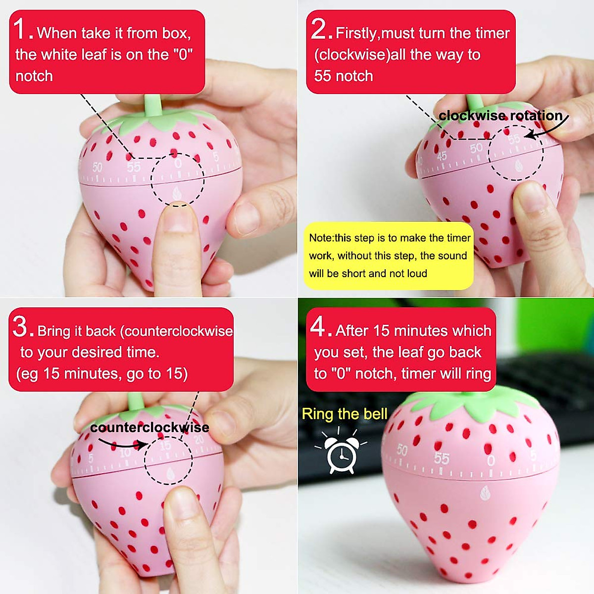 MONLIYA Kitchen Timer Cute Fruit Cookie Kitchen Timer | Novelty Manual Cooking Timer | Fun Shaped Mechanical Timer for Kitchen Alarm Home Desktop Decor (Strawberry) Windup