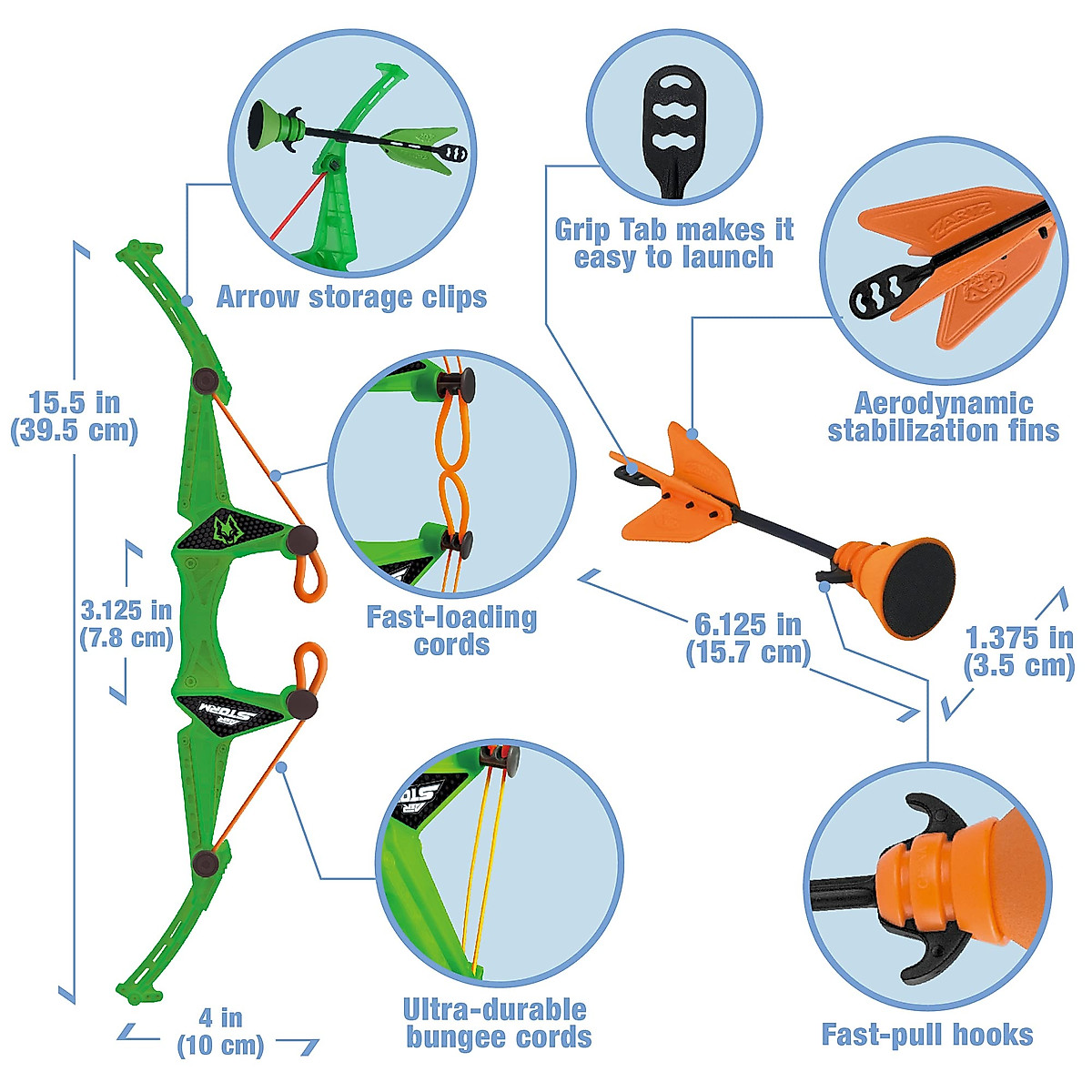 Zing Air Storm Bullz Eye Bow, Includes 2 Bows, 6 Sticky Arrows and 1 Target, Safely Shoots Arrows Over 35ft, Short Range Indoor or Outdoor Active Play, Great Bow and Arrow Toy