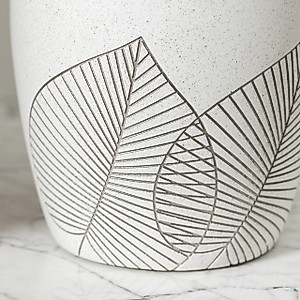 Set of 2 Elegant Leaf Design Hight Quality Polyresin Wastebasket Garbage Receptacle Bin and Brush/Holder for Bathrooms, Powder Rooms, Kitchens, Home Offices White