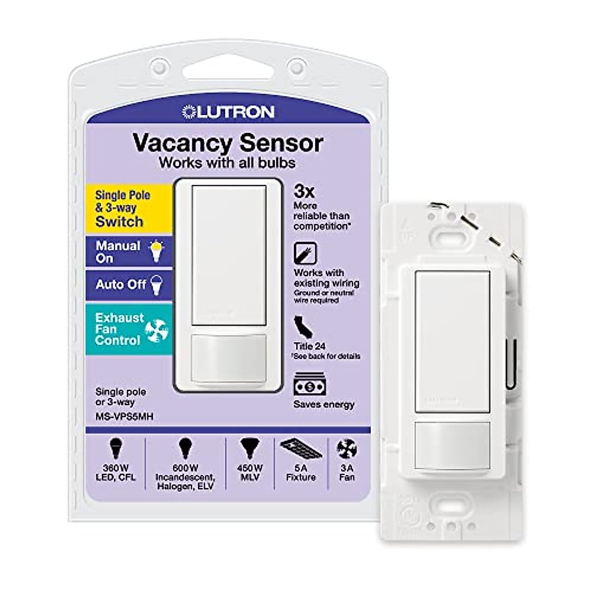 Lutron Maestro Vacancy-Only Sensor Switch | 5 Amp, Single-Pole/Multi-Location | MS-VPS5M-WH | White