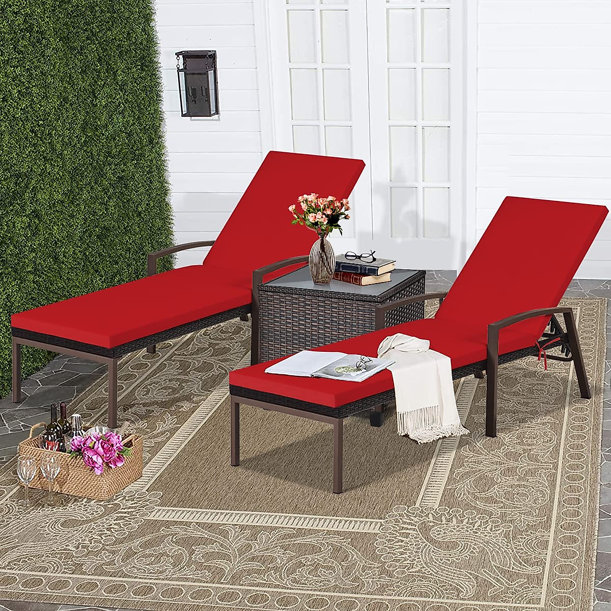 COSTWAY 2PCS Patio Rattan Lounge Chair, Back Adjustable (Red)