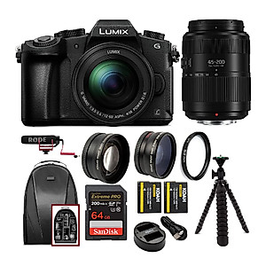Panasonic LUMIX G85 4K Mirrorless Camera with G Vario 12-60mm and 45-200mm Lens Bundle with Microphone, Battery and Dual Charger, Backpack, 64GB Card, Tripod, 58mm Lens and Protection Filter (9 items)