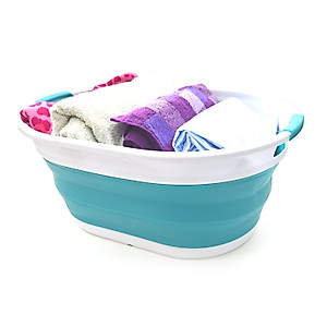 SAMMART 39L Collapsible Plastic Laundry Basket-Oval Tub/Basket-Foldable Storage Container-Space Saving Laundry Hamper, Water capacity :30L (Bright Blue), Size : 24 x 17.7 x 10.75 inches