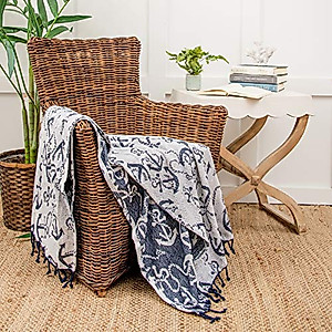 C&F Home Chenille Anchor Nautical Throw Blanket Sailing Reversible Handcrafted Throw with Fringe Cotton Soft Cozy for Couch Sofa 50x60 inches Blue, Navy, Navy Blue, White