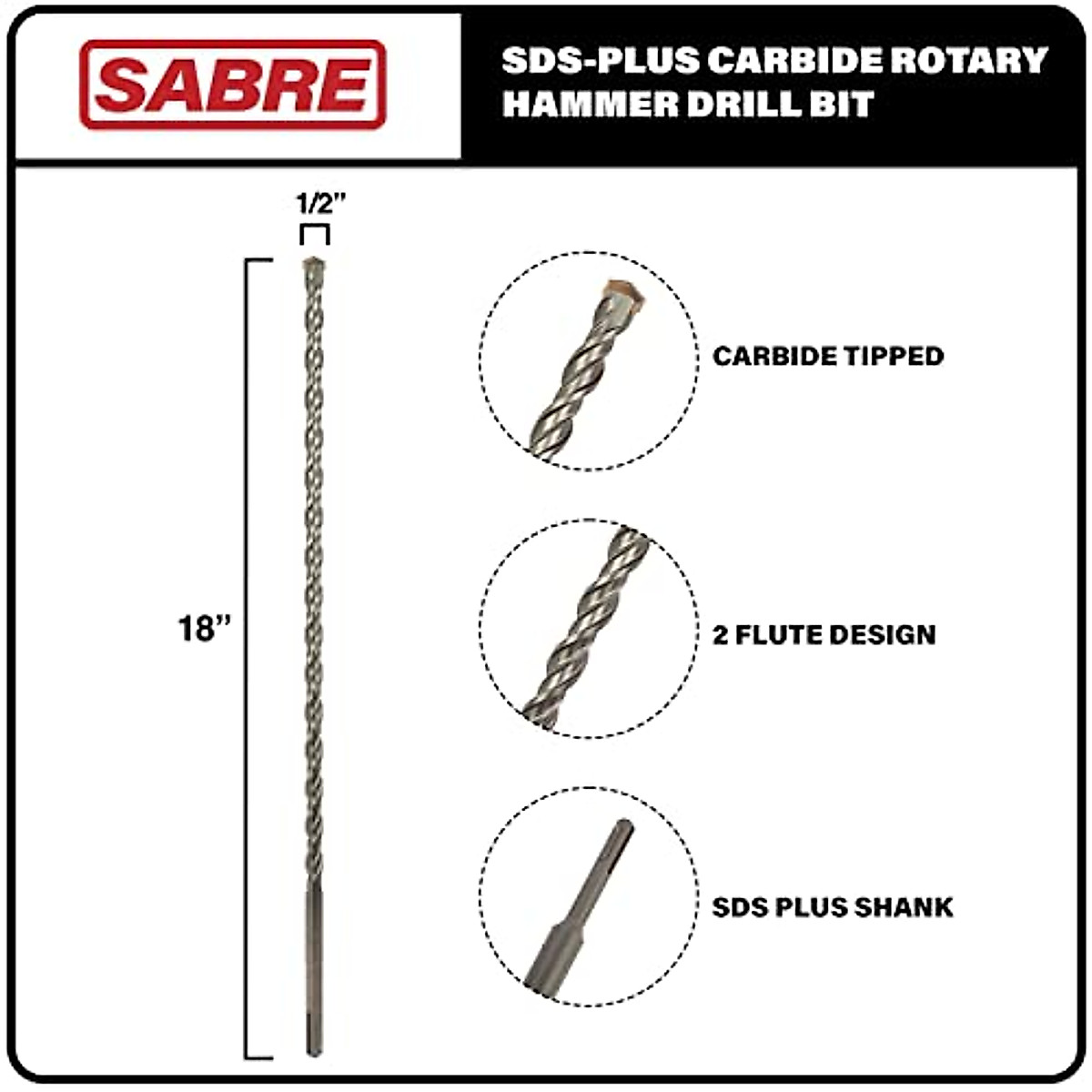 Sabre Tools 1/2 Inch x 18 Inch SDS Plus Rotary Hammer Drill Bit, Carbide Tipped for Brick, Stone, and Concrete (1/2" x 16" x 18")