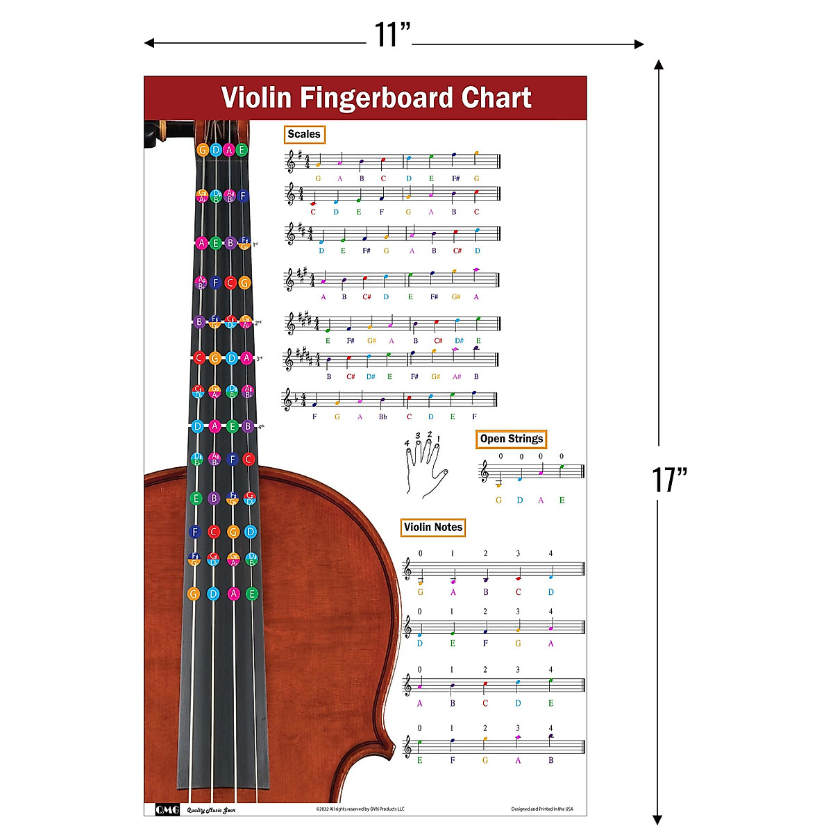 QMG Violin Fingering Chart with Color-Coded Notes, Learn Violin Scales Techniques Suitable for All Levels