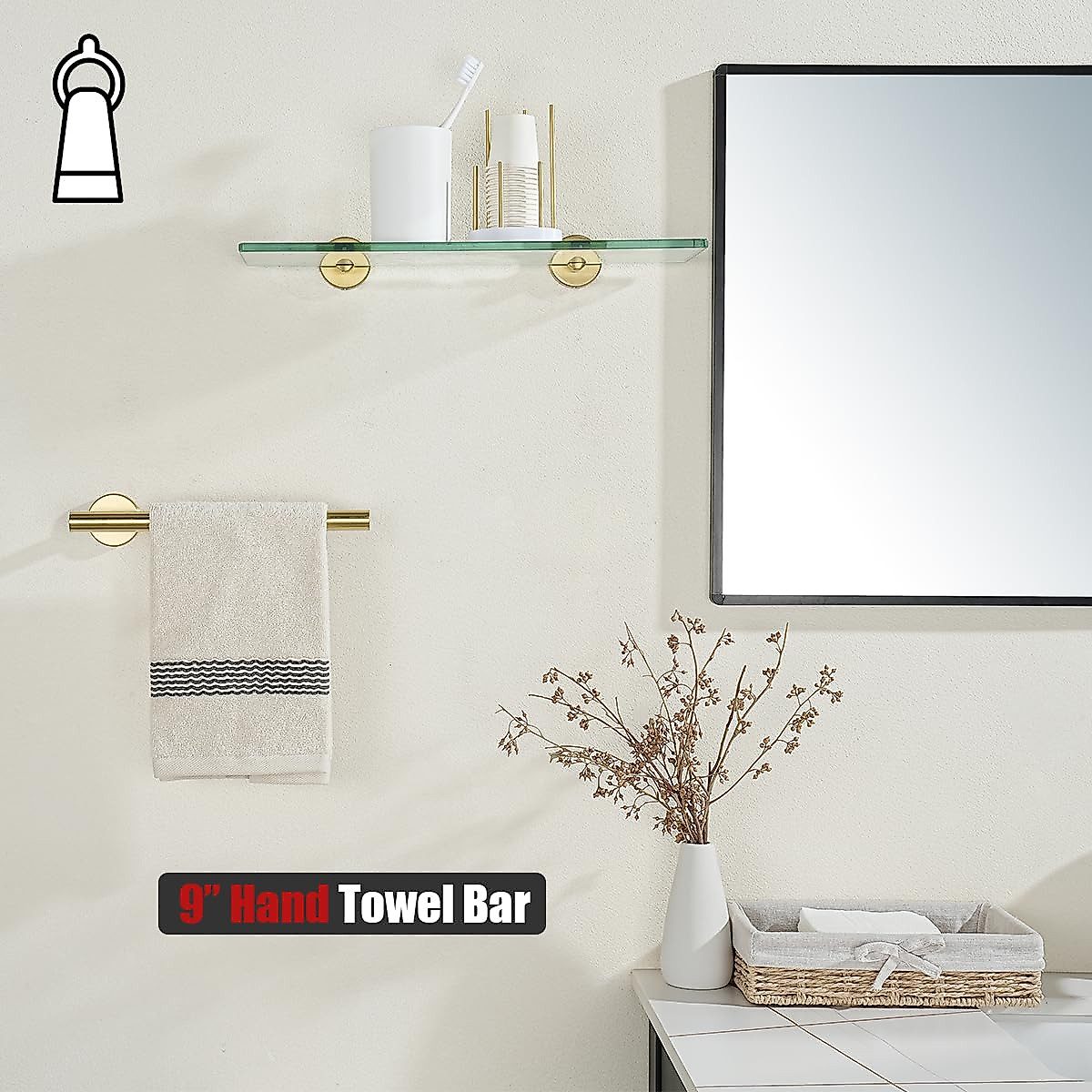JQK Hand Towel Holder Towel Ring Gold, Thicken 0.8mm 304 Stainless Steel Bathroom Hand Towel Bar, 9 Inch Wall Mount Towel Rack Hanger, Brushed Gold, THH110L9-BG