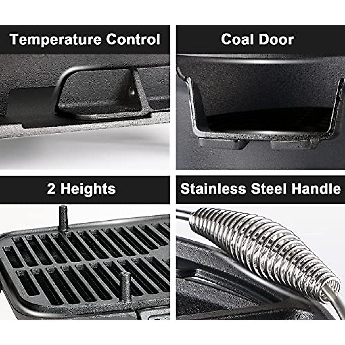 IronMaster CI-2020,Pre-Seasoned Large Cast Iron Charcoal Grill,Outdoor Camping Barbecue Cooking,BBQ Grill 2 Height Adjustment,Temperature Control & Charcoal Supply Ports,6+Servings