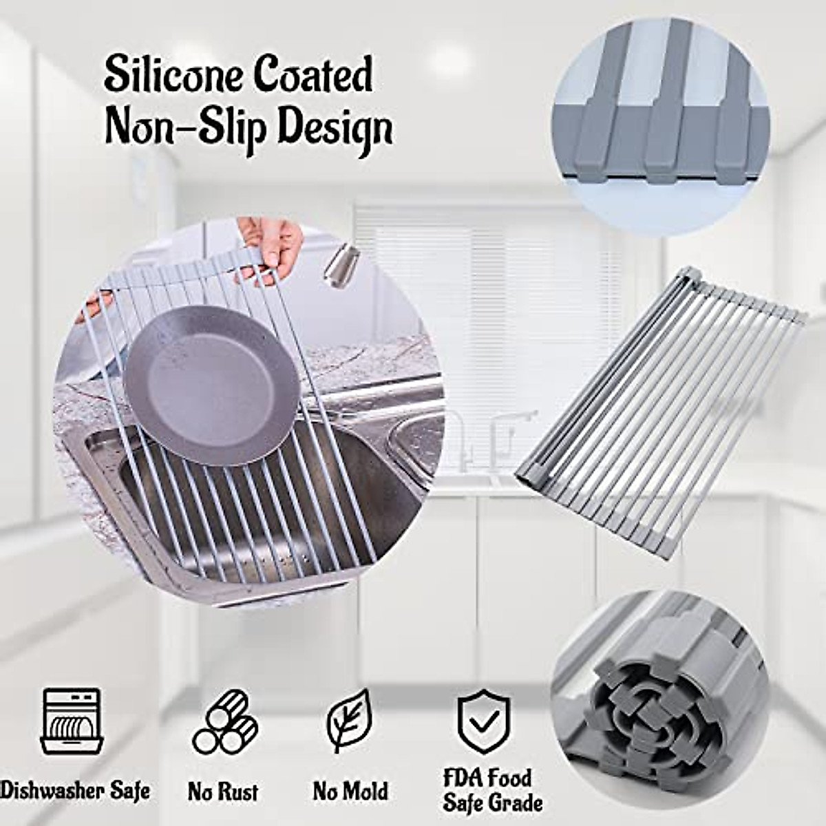 Neholef Roll-Up Dish Drying Rack, Over The Sink Multipurpose Dish Drainer Rack, Heat-Resistant Anti-Slip Silicone Coated Dish Rack for Kitchen Sink Countertop