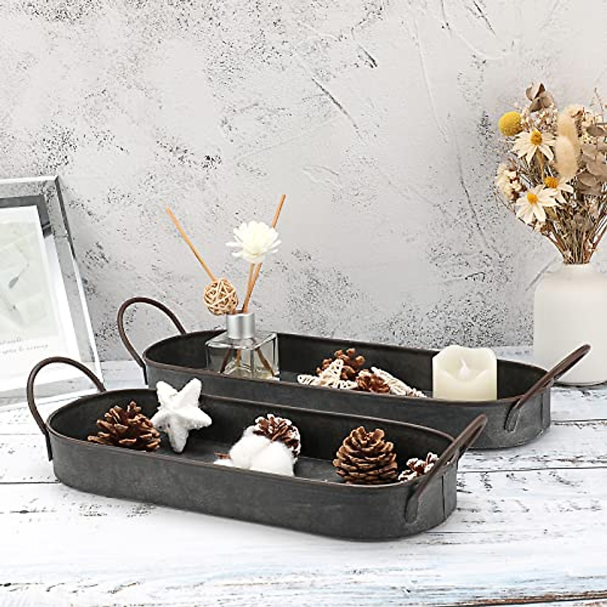 Hipiwe Set of 2 Galvanized Metal Iron Tray with Handles Oval Farmhouse Serving Tray Rustic Industrial Decorative Tray Centerpiece Tray for Coffee Table Weddings Home Decor