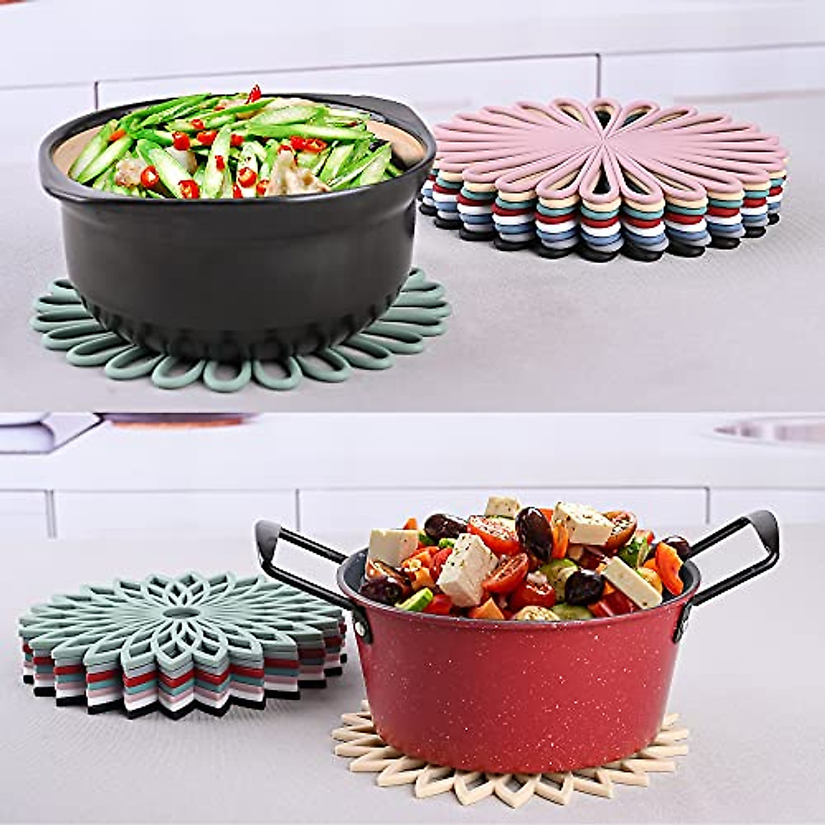 Silicone Trivets Set of 3 Multi-Use Intricately Carved Hot Mats and Pads, Flexible Modern Kitchen Table Mat, Heat Resistant Round Coaster Mat Black, Black, I: Set of 3-Black