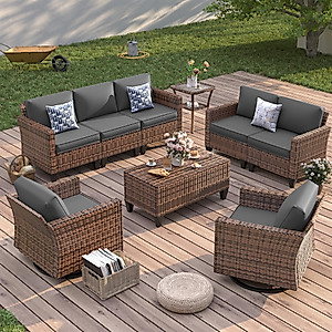 UDPATIO Patio Furniture Set, 6 Pieces Outdoor Conversation Sets with Rocking Swivel Chairs, Wicker Rattan Outdoor Sofa Set with Storage Table and Waterproof Covers for Backyard, Deck, Porch
