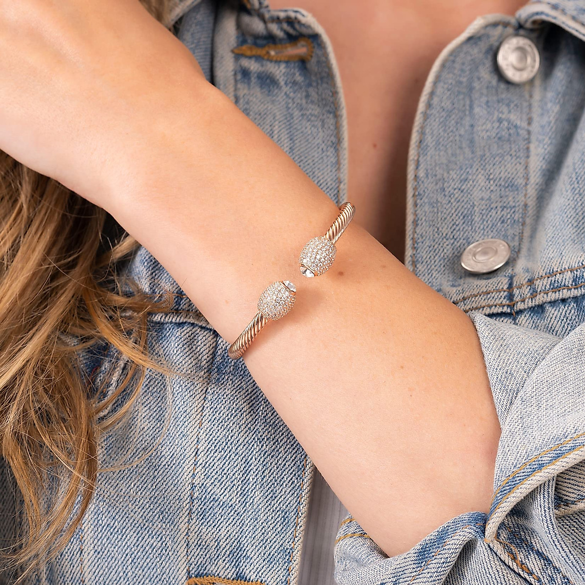 Barzel 18K Gold Plated Crystal Cable Bangle Bracelet For Women - Cuff Bangle Bracelet (Rose Gold)