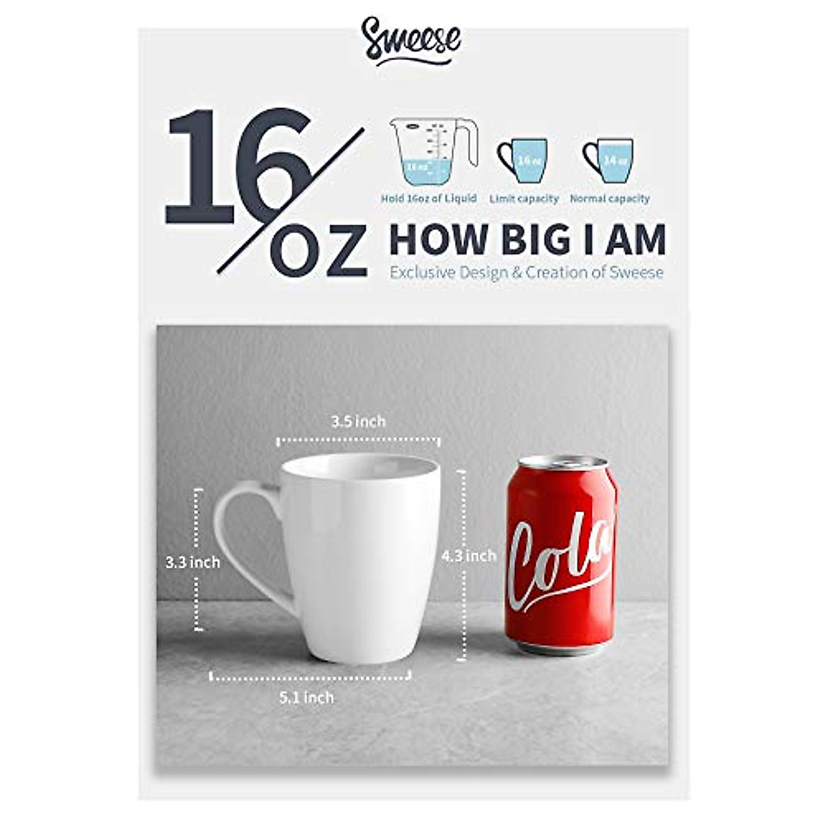 Sweese Porcelain Coffee Mugs - 16 Ounce - Set of 6, Cups for Latte, Hot Tea, Cappuccino, Mocha, Cocoa, 601.001 White