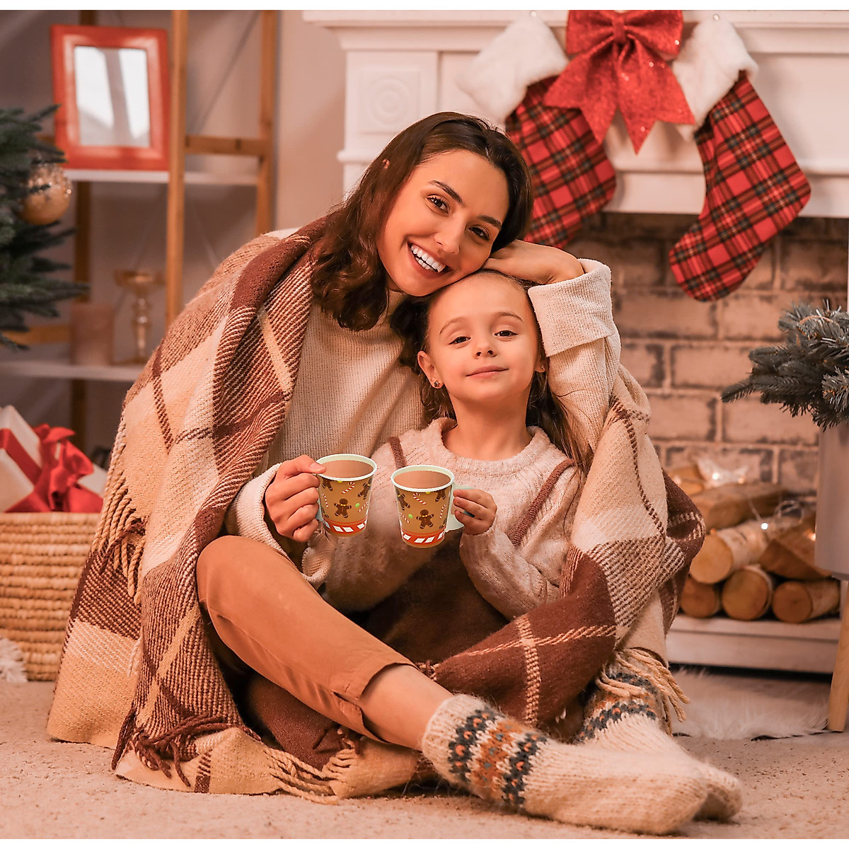 Gift Boutique 24 Disposable Christmas Gingerbread Party Cup 7 Oz 24 & 7" Paper Scallop Shaped Saucer Plates Set with Handle for Tea Hot Cocoa Chocolate Coffee Mugs Holiday Xmas Table Dinnerware Suppy