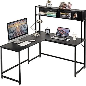 Becko US L Shaped Desk Computer Desk Corner Desk with Hutch Storage Shelves Modern Home Office Desk Writing Workstation for Home Office (Black)