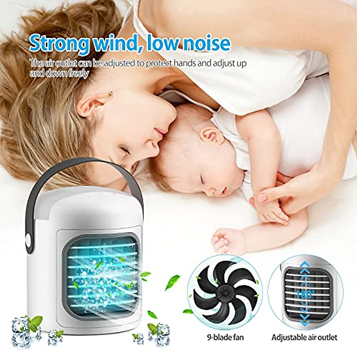 Portable Air Conditioner 4 in 1 Personal Air Cooler Fan with 4 Ice Tray USB Rechargeable Mini Quiet Evaporative Humidifier with 7 LED Light Battery Operated 3 Wind Speed Desktop Cooler for Home/Office