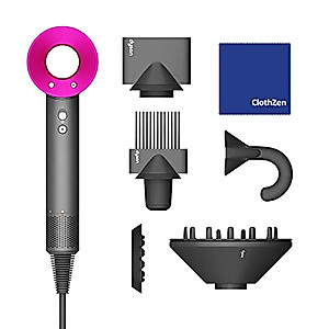 Limited Edition Dyson Supersonic Hair Dryer with ClothZen Cloth – Includes Flyaway Attachment, Styling Concentrator, Diffuser, Gentle Air Attachment & Wide-Tooth Comb – Iron/Fuchsia 1.0 Count