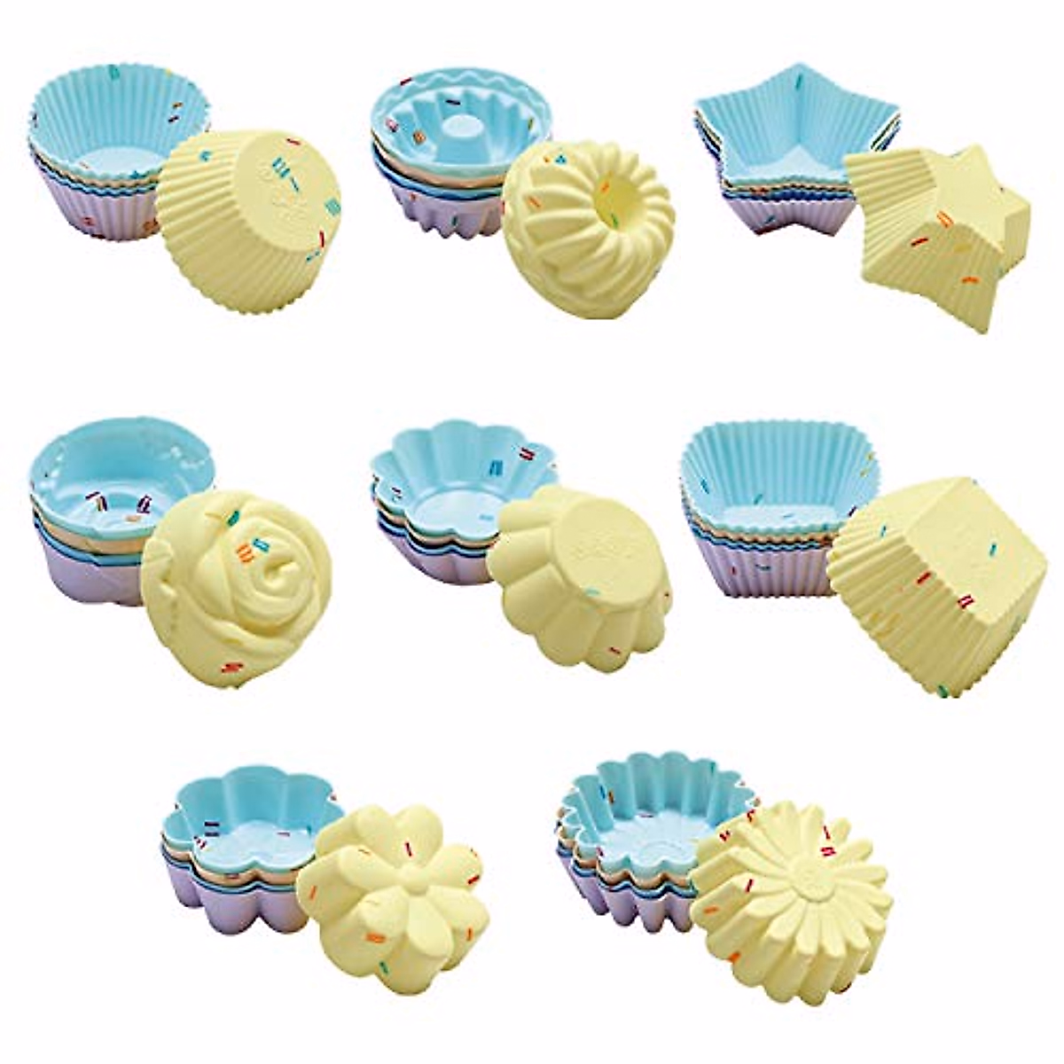 40PCS Silicone Cupcake Baking Cups Set Silicone Baking Cups For Baking, Including 8 Shapes Silicone Muffin Cups Cupcake Molds (Round, Square, Star, Sunflower, Rose, Chrysanthemum, Flower, Pumpkin)