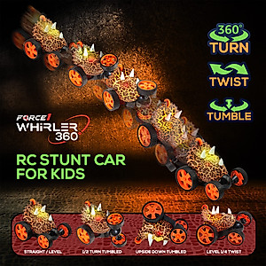 Force1 Tornado Remote Control Car AND Dino Whirler Triceratops Stunt Car Bundle- (1) Double Sided Fast Off-Road RC Stunt Car RC Crawler Rechargeable and (1) Fast Remote Control Mini Stunt Car for Kids