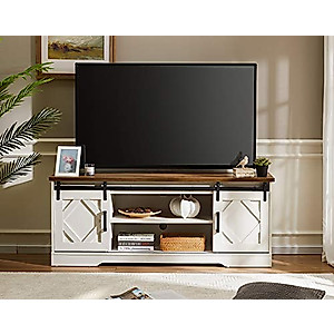 WAMPAT Farmhouse Sliding Barn Door TV Stand for TVs Up to 65 inch, Modern Storage Entertainment Center, Wood Media Console Table Cabinet 3-Level Adjustable Shelf for Living Room, White/Oak