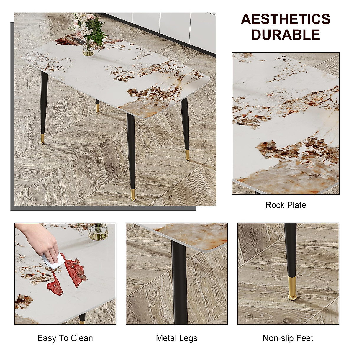 Ginxesh 5 Piece Dining Table Set,Faux Marble Dining Table Set for 4,Imitation Marble Pattern Dinner Table and Brown PU Leather Upholstered Kitchen Chairs for Living Room