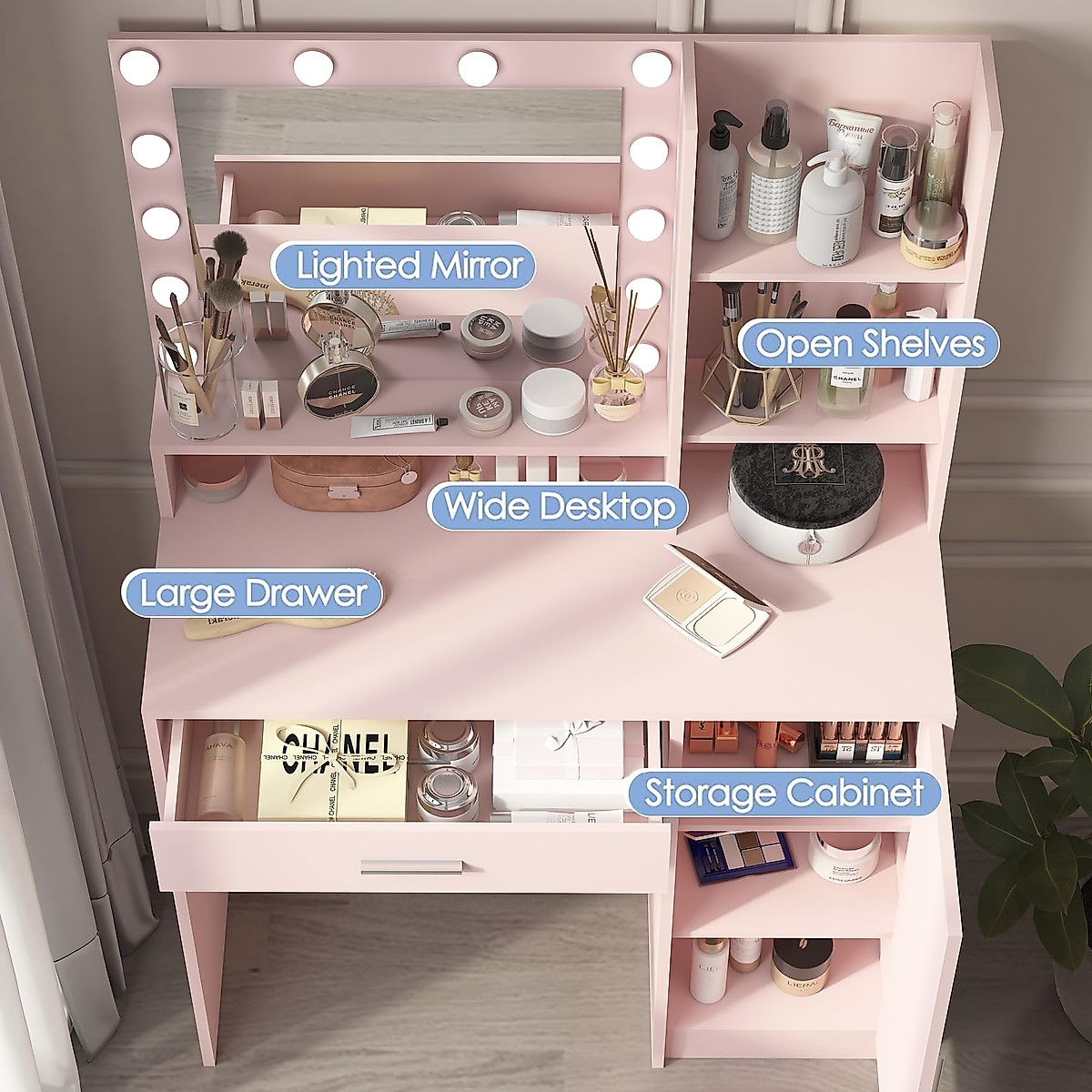 Vanity Desk with Mirror & Light, Large Drawer & Three Level Storage Dresser, 3 Lighting Modes Adjustable Brightness, Bedroom Dressing Table (Pink)