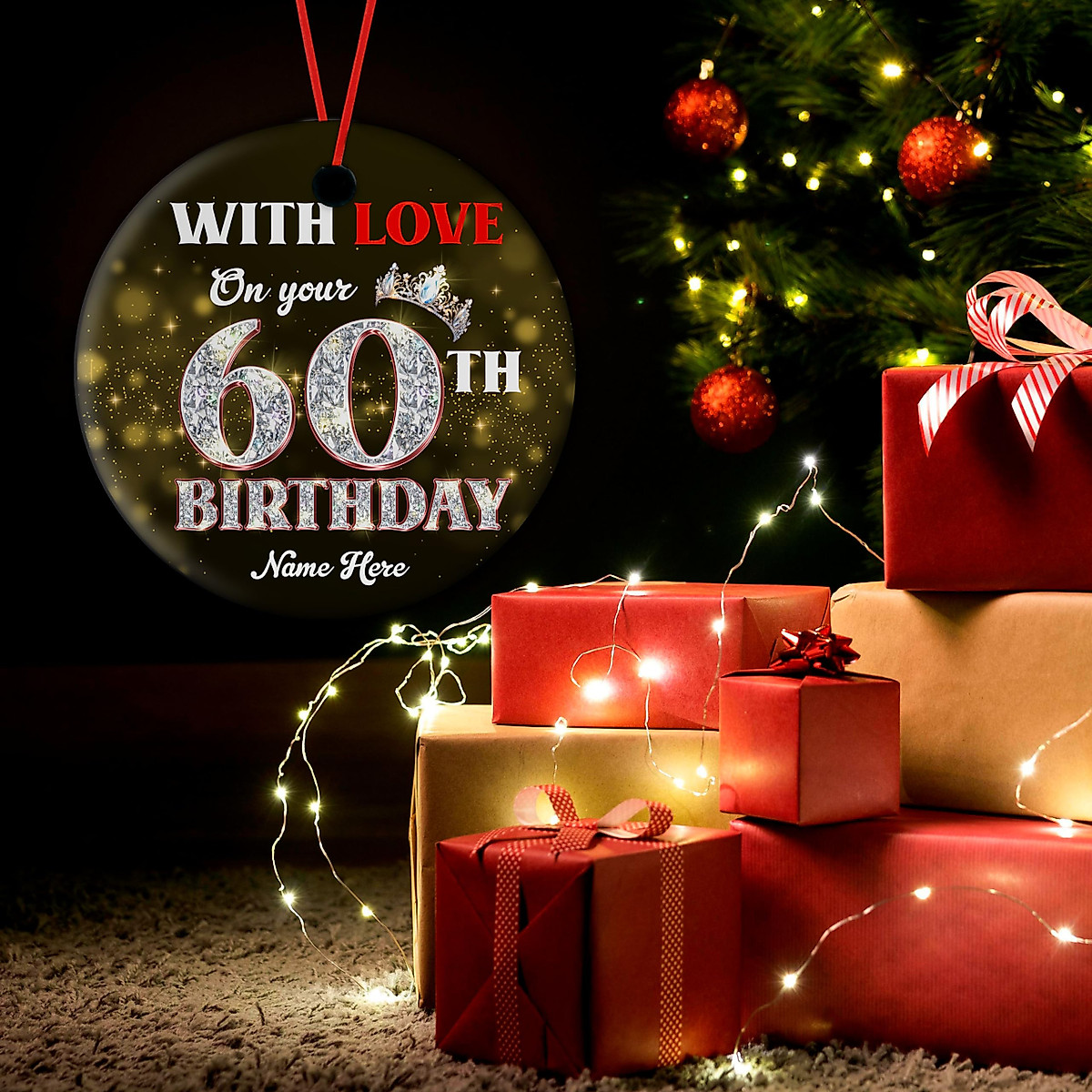 Sixty Years Old Ornament Christmas for Women Girl Friends Family Personalized Happy 60th Birthday Round Ornaments 3 Inch Gift with Name Anniversary Birthday Xmas Keepsake Party Decoration