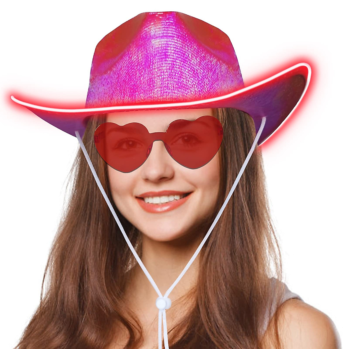 quescu Light Up Cowboy Hat for Women, Men,LED Cowgirl Hat,Sparkly Space Cowboy Hats for Party,Halloween Costume Dress Up (B-Pink)