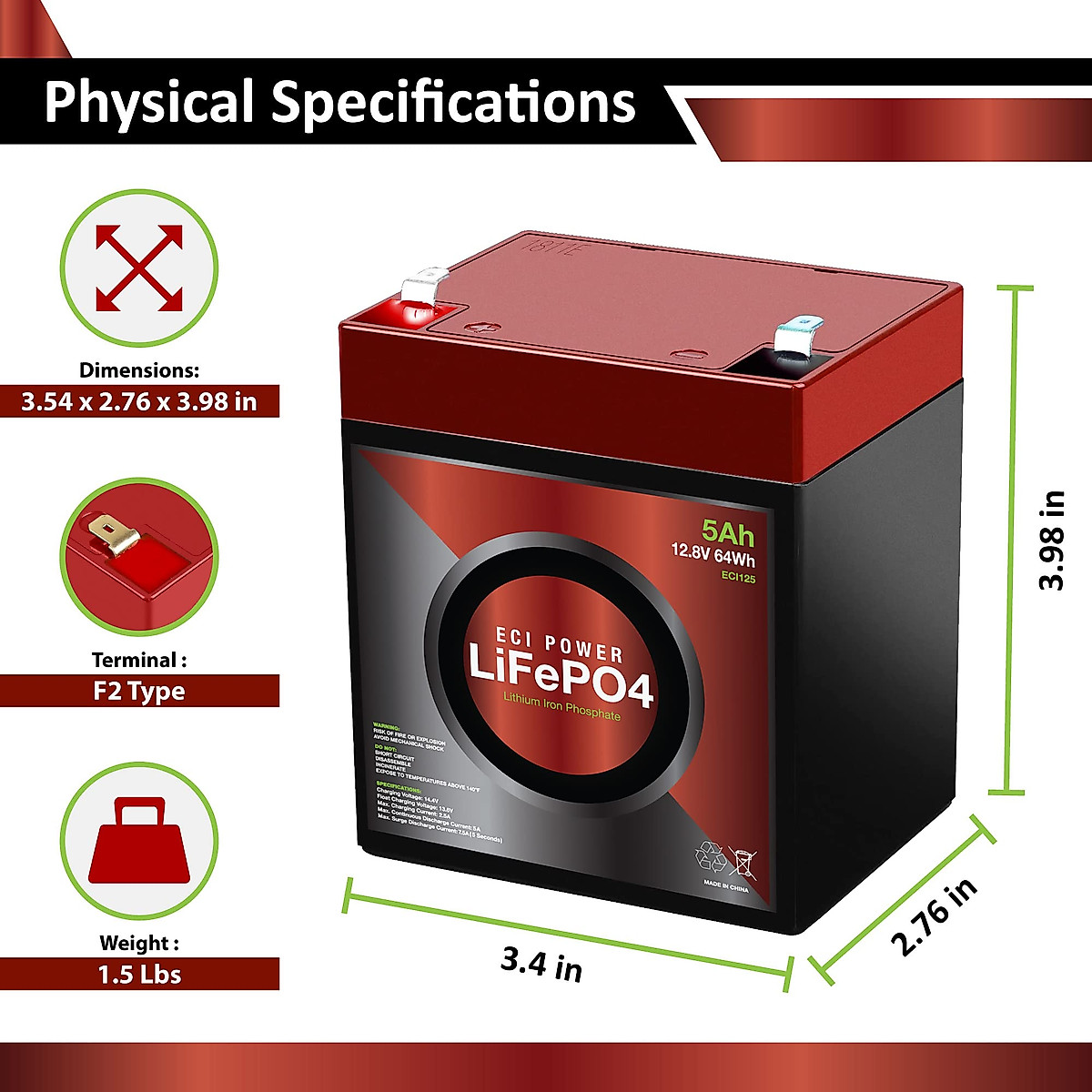 ECI Power 8 Pack 12V 5Ah Lithium LiFePO4 Deep Cycle Rechargeable Battery | 2000-5000 Life Cycles & 10-Year Lifetime | Built-in BMS