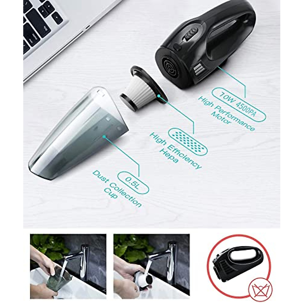 Car Vacuum Cleaner, DC 12V Portable Handheld Car Vacuum for Wet and Dry Cleaning， Strong Suction & 3 Attachments Fit Car Interior Cleaning, Black