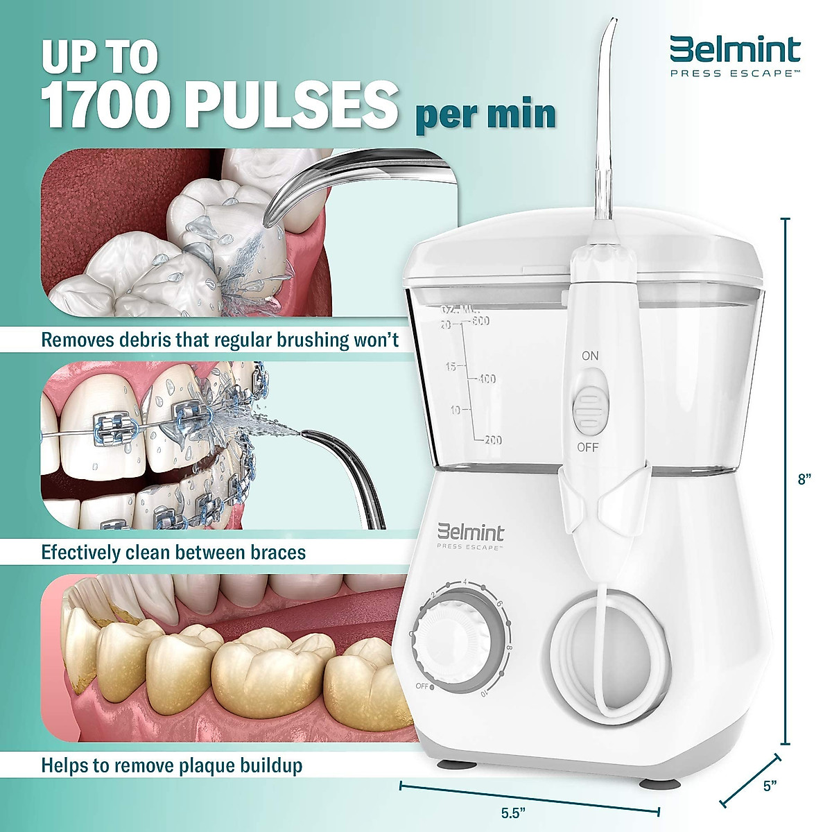 Water Flosser Teeth Cleaning - Countertop Oral Irrigator Teeth Cleaner for Braces & Bridges with 10 Adjustable Water Jet Pressures - 8 Multifunctional Tips, 600ml Capacity