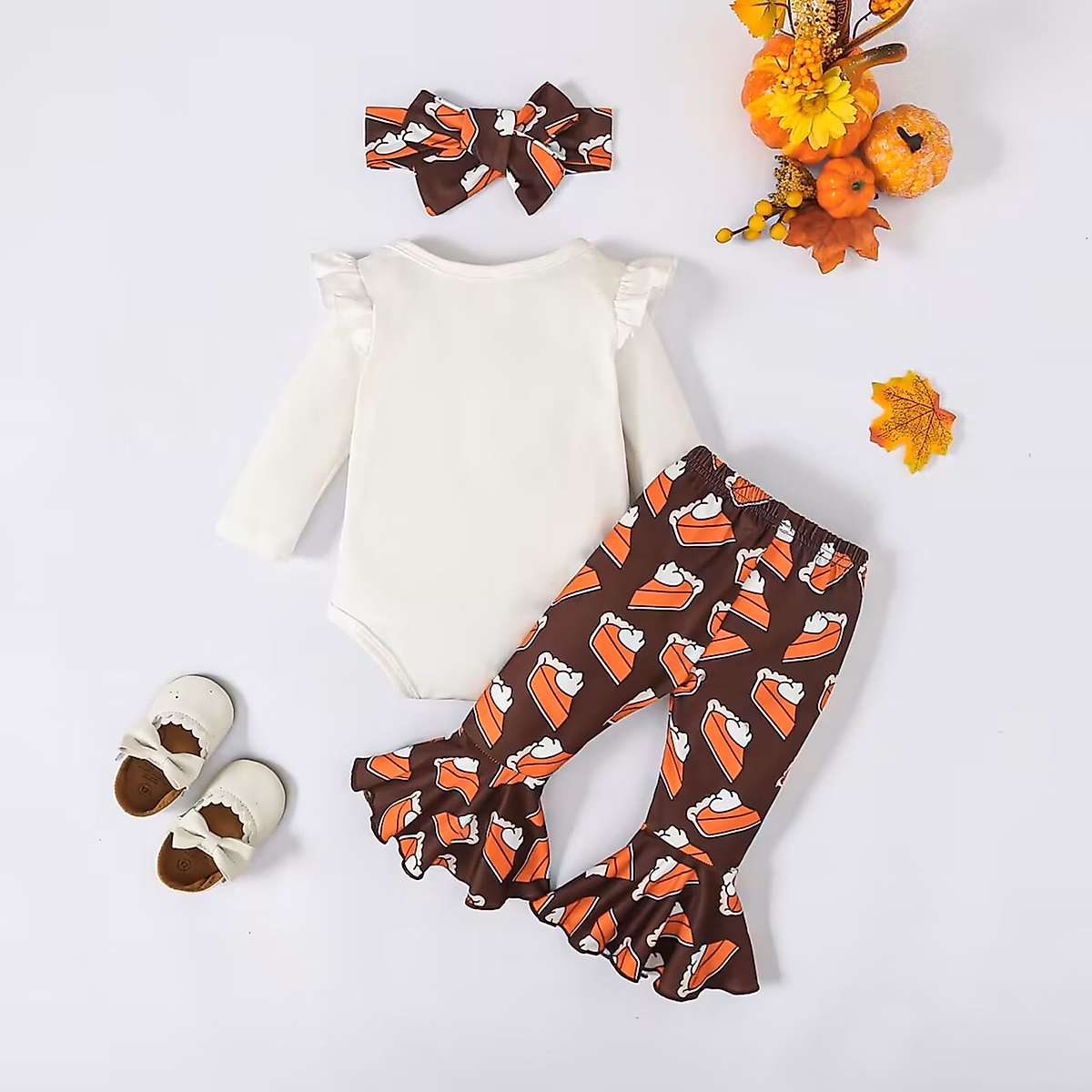 Baby Girl Thanksgiving Outfit Pumpkin Pie Romper+Flare Pants Newborn Girl Turkey Day Clothes 0-18 Months(White,12-18 Months)