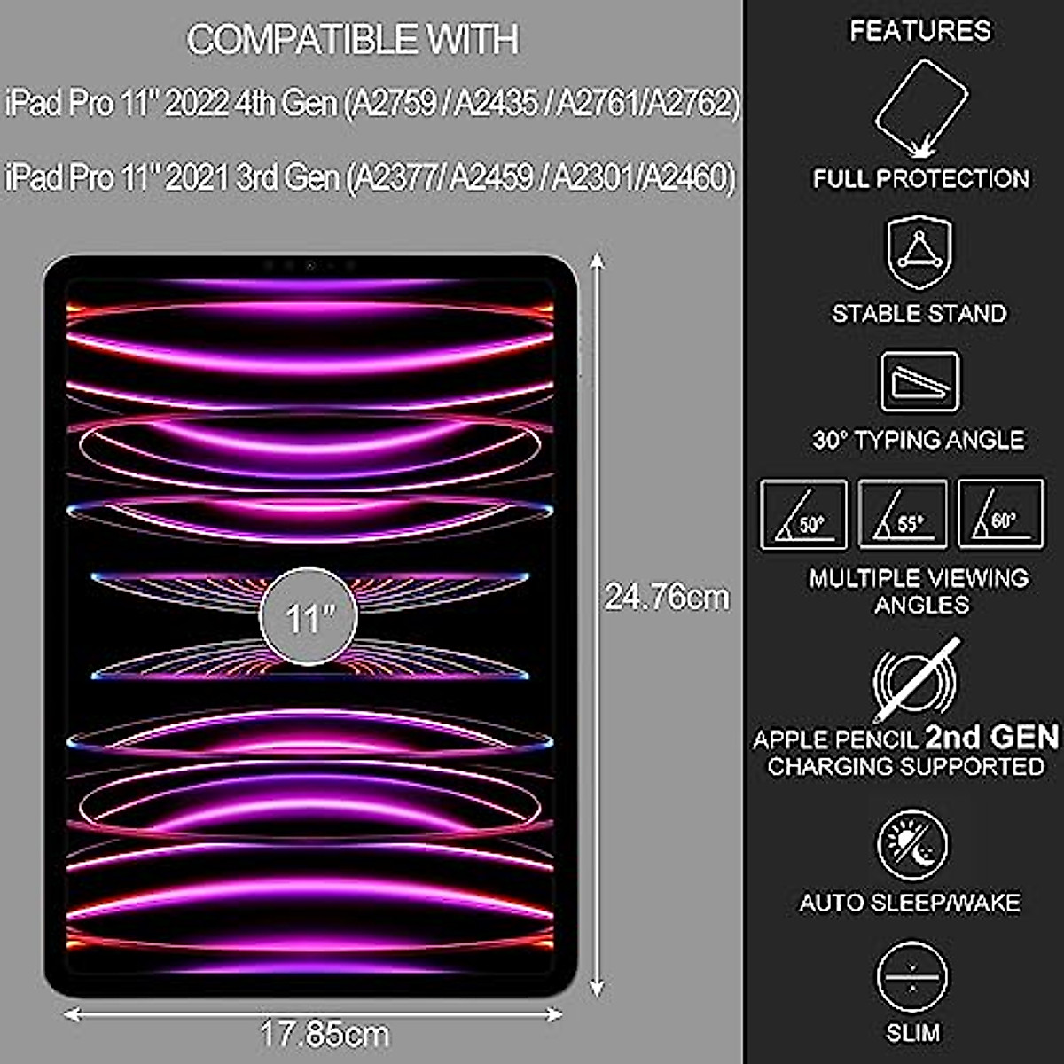 Zinibri iPad Pro 11 Inch Case, iPad Pro 11 Inch Cover, iPad Pro 11 Case 2022 2021 4th 3rd Generation with Pencil Holder, PU Leather,Multi-Angles,Auto Sleep/Wake Cover Case for iPad Pro 11", Black