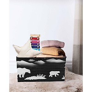 Bear Black Cube Storage Organizer Bins with Handles 2 Packs 15x11x9.5 Inch Collapsible Canvas Cloth Fabric Storage Basket for Shelves,Closet Forest Animal Tree Birds Abstract Mountain White