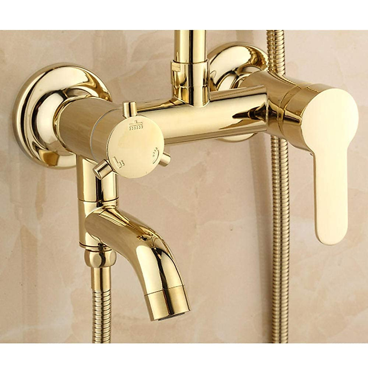 LUNEZY Golden Shower Mixer Tap System Copper Rain Shower Cold and Hot with Faucet Anti-Limestone Shower Head with Hose Shower Mixer Taps Set Bath-D