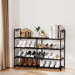 DYJIEKAI 2 Rows 4 Tier Shoe Rack, Black Metal Shoe Racks, Stackable Shoe Shelf with Multifunctional Hooks, Hold 16-20 Pairs, Space Saving Shoe Rack, Shoe Rack for Closet,Shoe Organizer